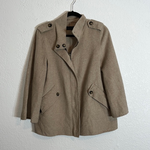 Zara | Jackets & Coats | Zara Hand Made Tan Zip Closure Pea Coat Office ...